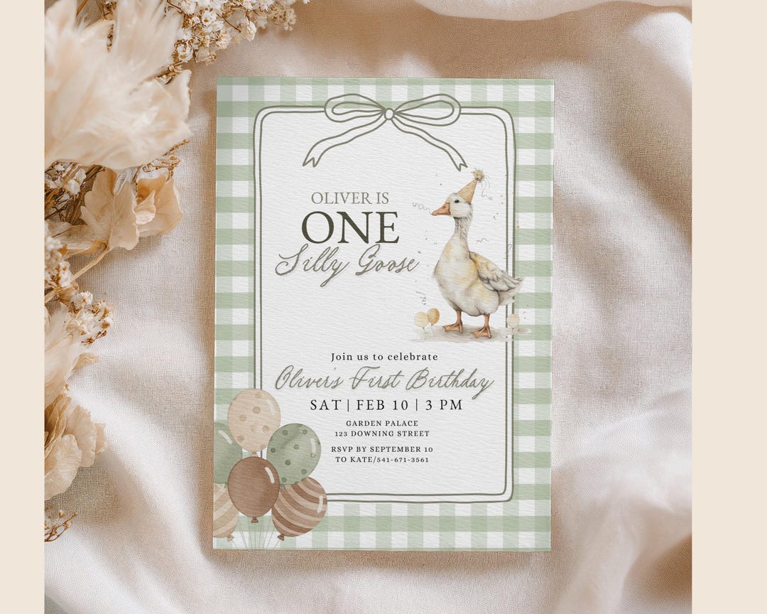 Editable Sage Gingham Silly Goose 1st Birthday Invitation: Boy First ...