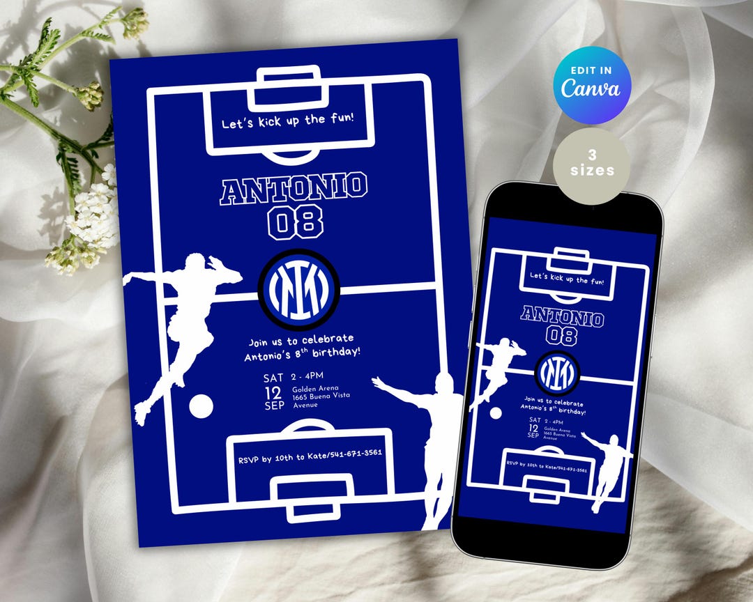 Editable Milan Inter Football Birthday Party Invite, Soccer Birthday ...