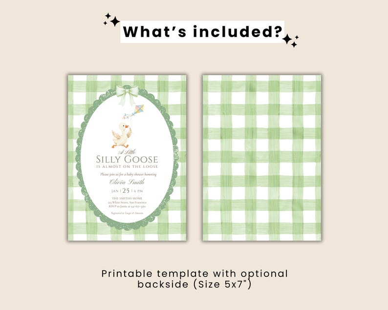 Silly Goose Baby Shower Invitation: Gender Neutral Green Gingham Goose ...