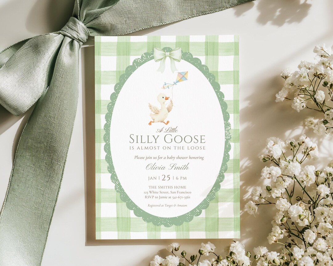 Silly Goose Baby Shower Invitation: Gender Neutral Green Gingham Goose ...