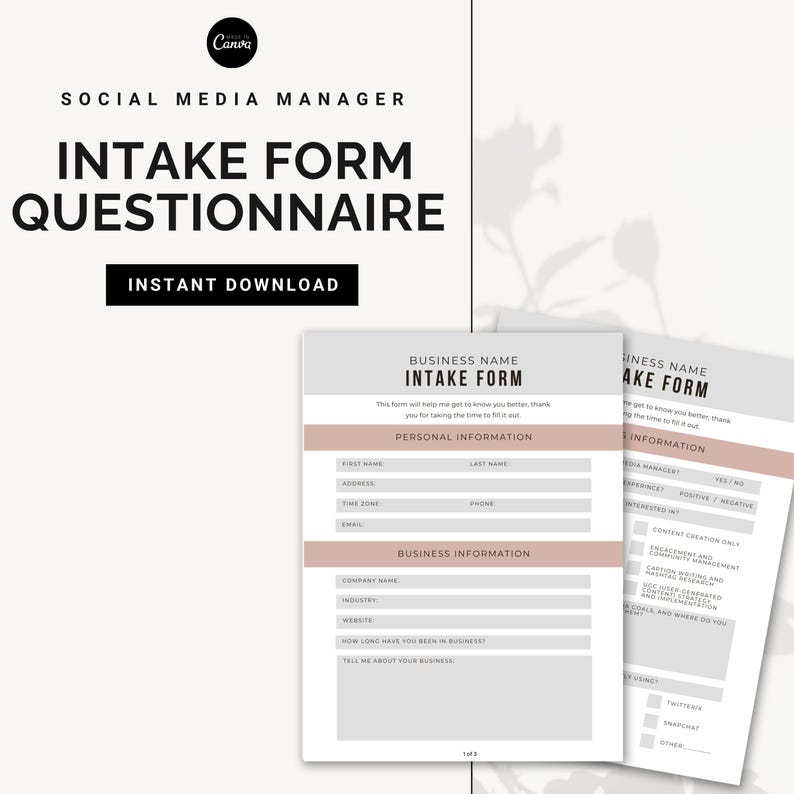New Client Intake Questionnaire | Canva Template | Social Media Manager ...