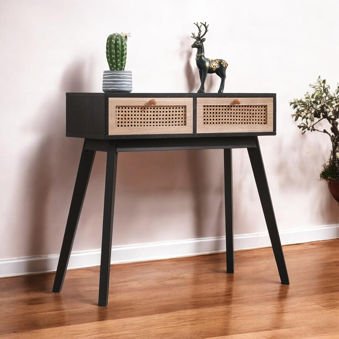 Modern Rattan Side Table With Drawers – Solid Wood Legs, Rustic ...