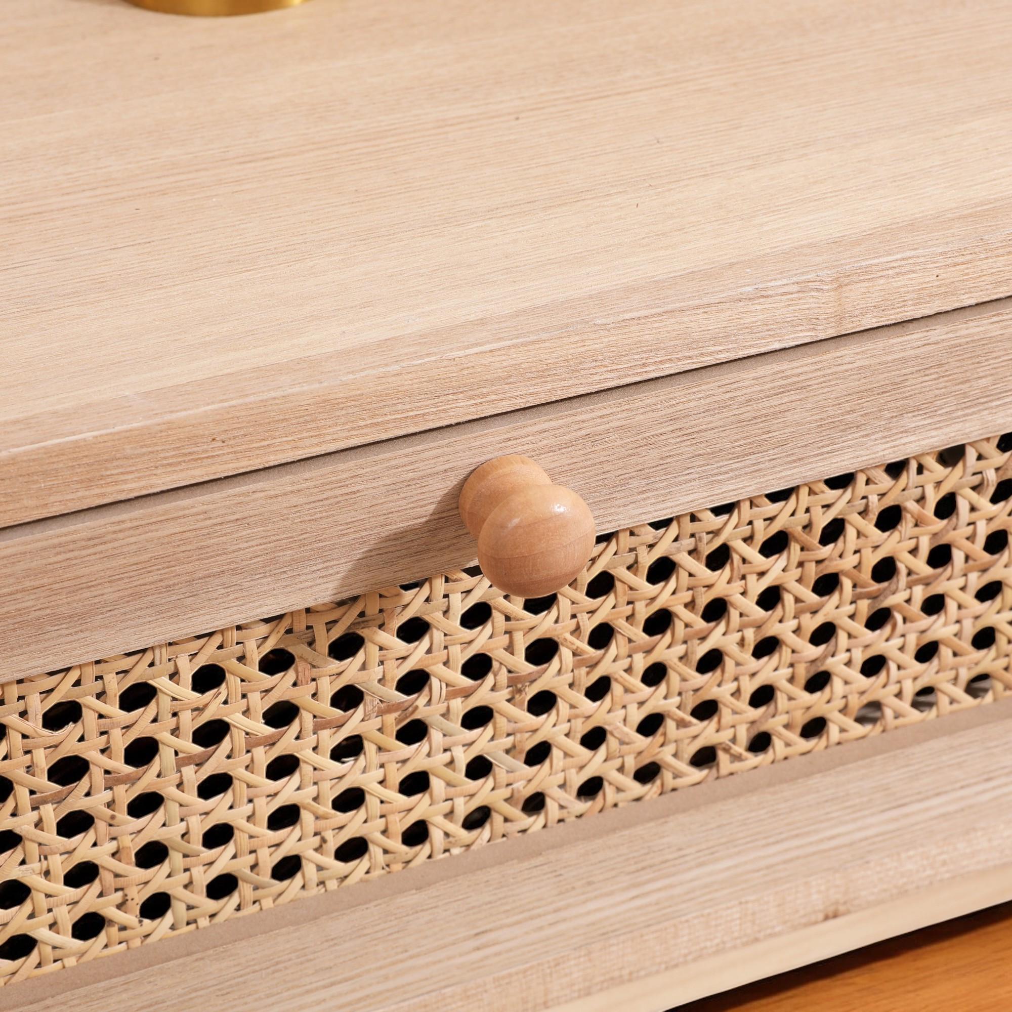 Modern Rattan Side Table With Drawers – Solid Wood Legs, Rustic ...