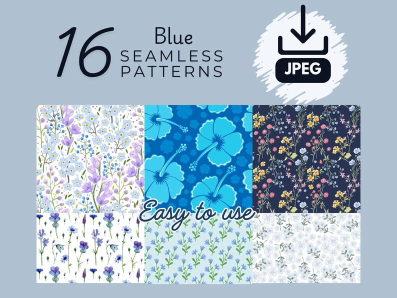 16 Blue Flora Seamless Pattern Background | Clip Art | Printable | High Quality JPG PNG Digital ...