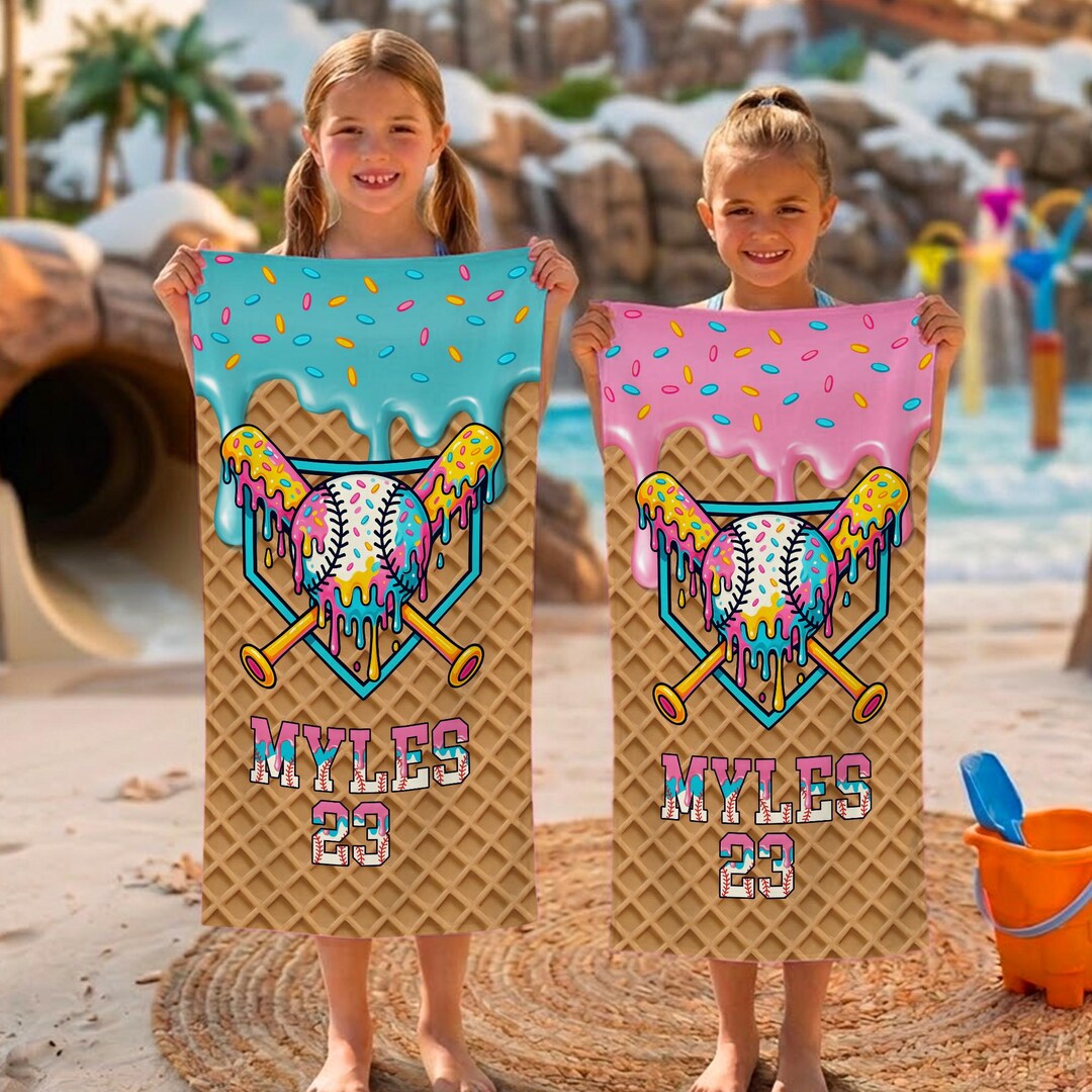 Baseball Drip Custom Name and Number Beach Towel, Kids Hooded Beach ...