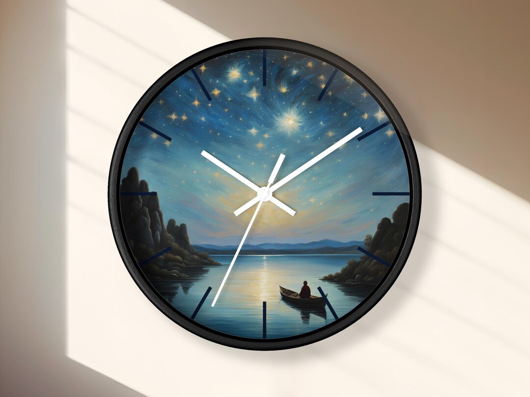 Blue Wall Clock Artistic Statement Night Sky Clock With Lake and Stars ...