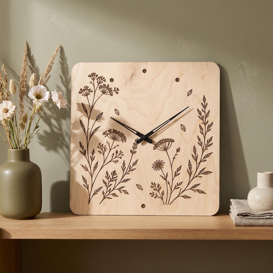 Wildflower Wall Clock, Wooden Floral Clock, Botanical Plywood Clock ...