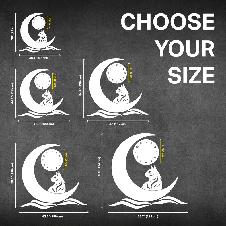 Cat Wall Clock, Moon Wall Clock Unique, Crescent Wall Clock, Animal ...
