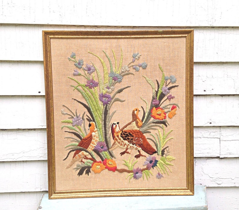 Vintage 70s Embroidered Bird Wall Art - Flora and Fauna - Pheasants and ...