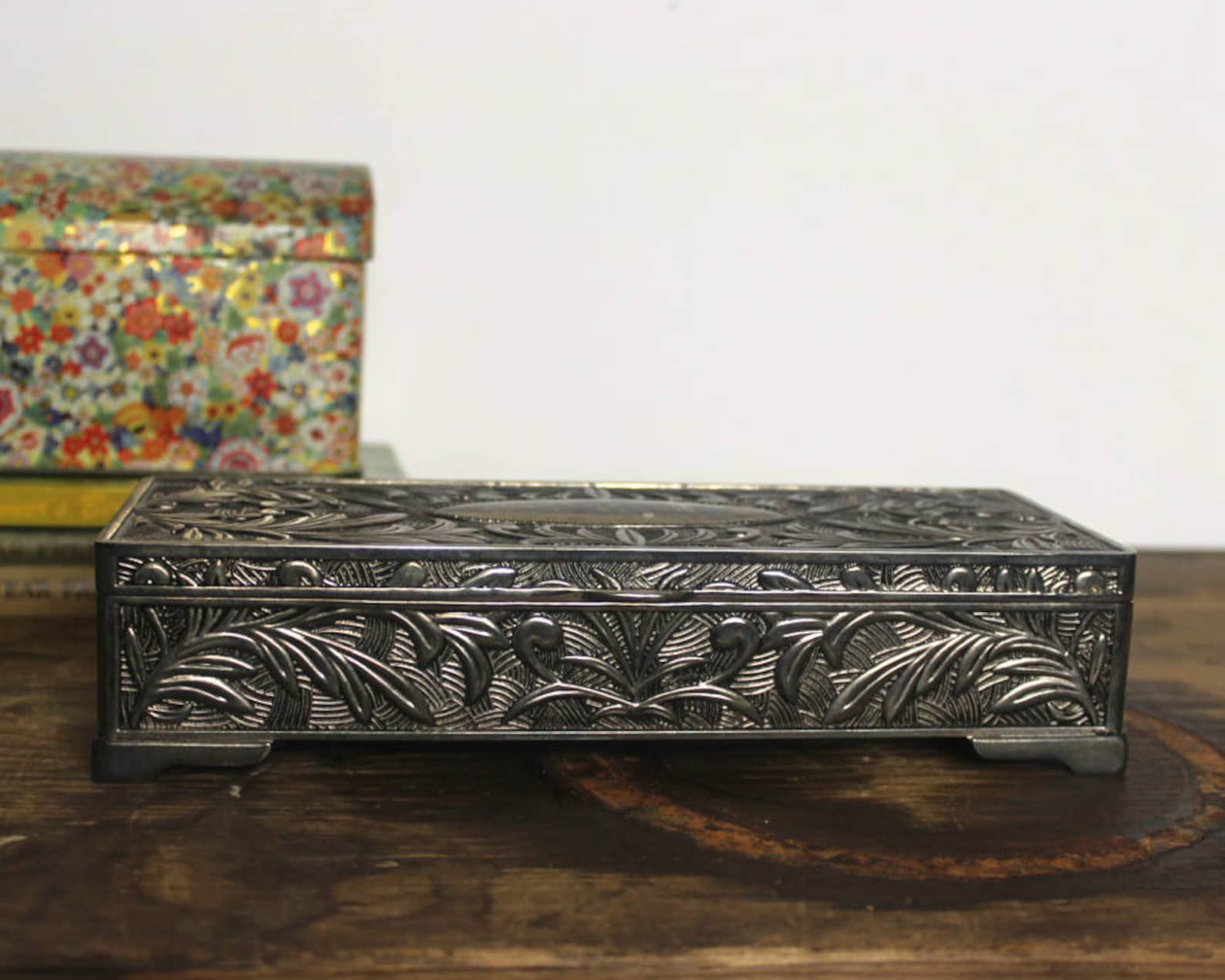 Vintage 1980s Silver-plate Repousse Jewelry Box, Godinger Elongated ...