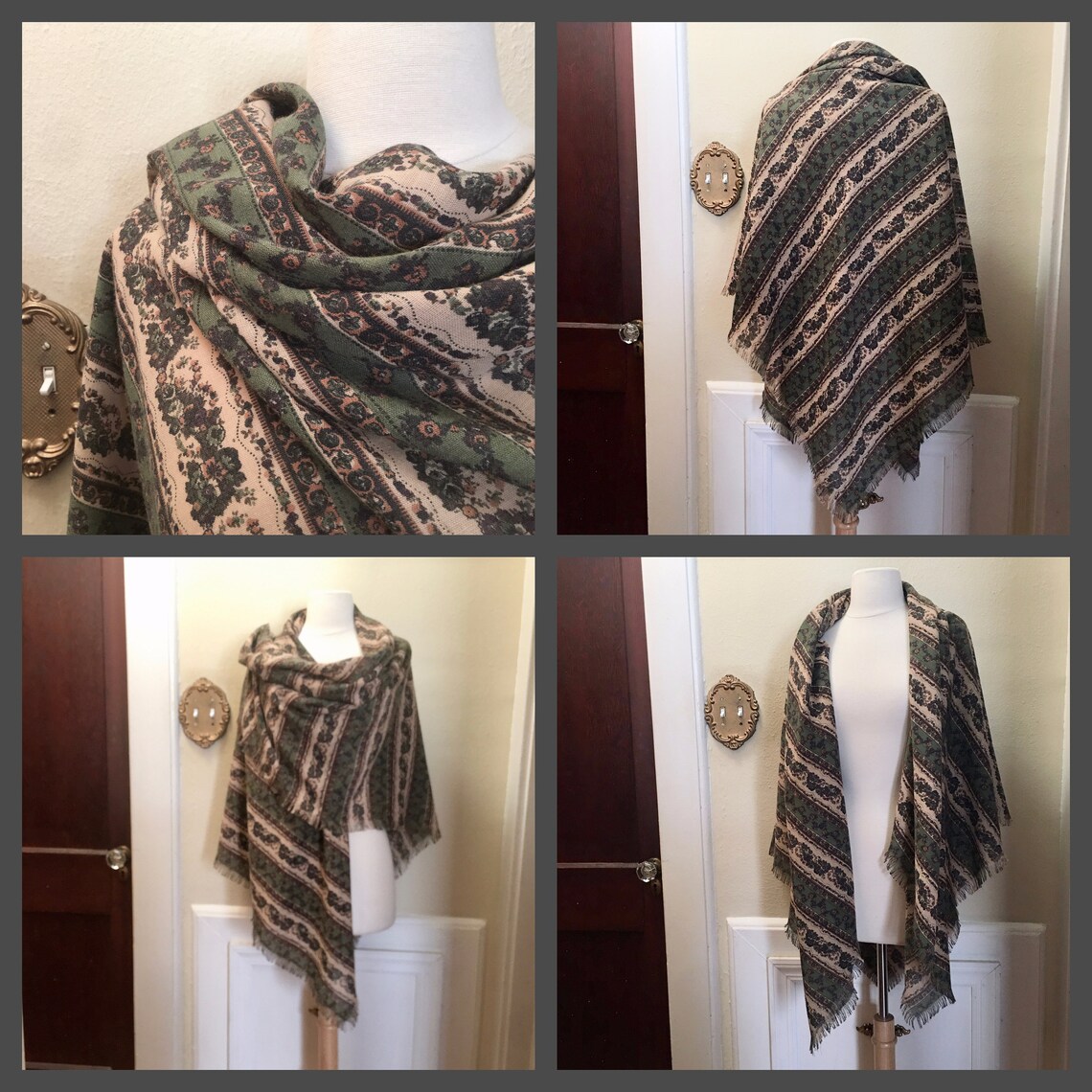 1980s Square Table Scarf / Shawl - Bohemian Floral Stripes - Muted ...