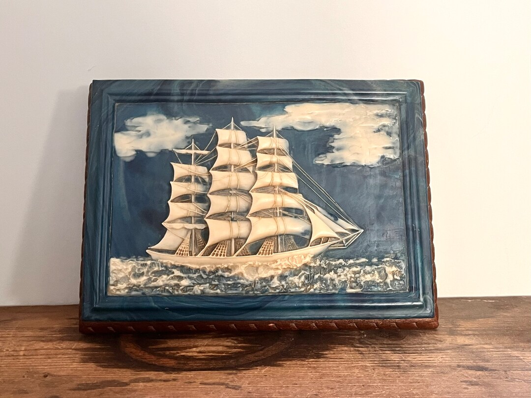 1960s SCHOONER Box - Carved Incolay Stone + Mahogany Wood - Vintage ...