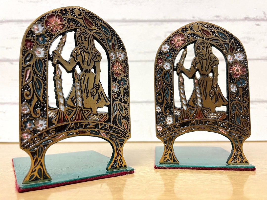 Girl & the Candles, Vintage Brass + Enamel BAS MITZVAH Bookends, Made ...