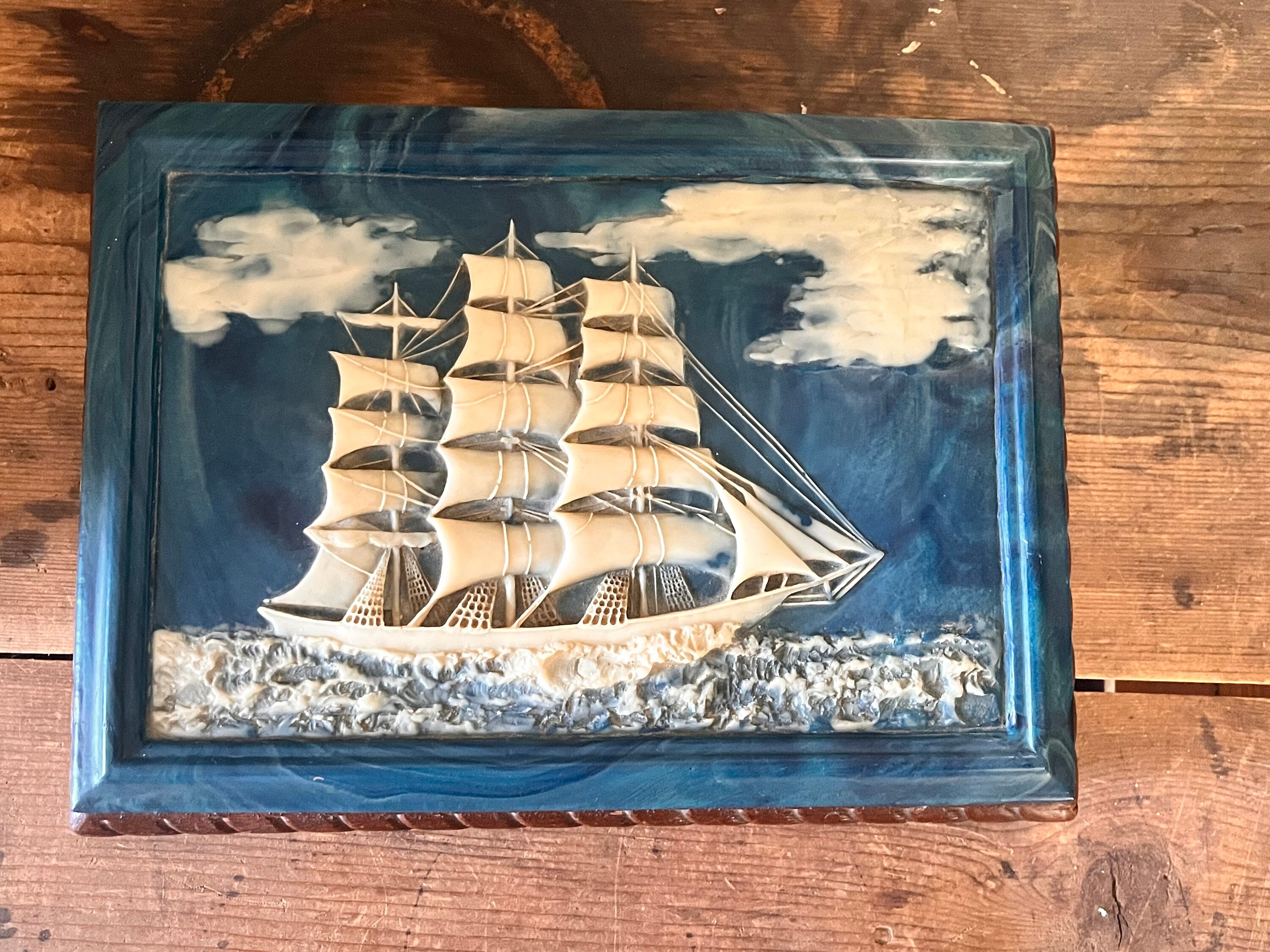 1960s SCHOONER Box Carved Incolay Stone Mahogany Wood Vintage Treasure ...