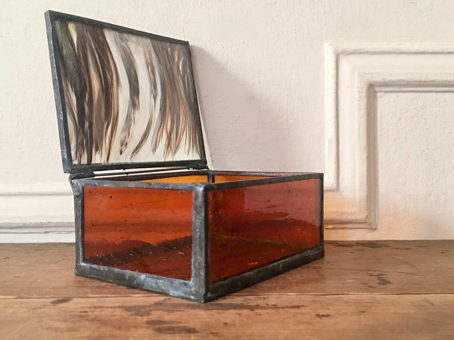 The feathered box vintage brown amber Swag Glass Jewelry Box | Etsy