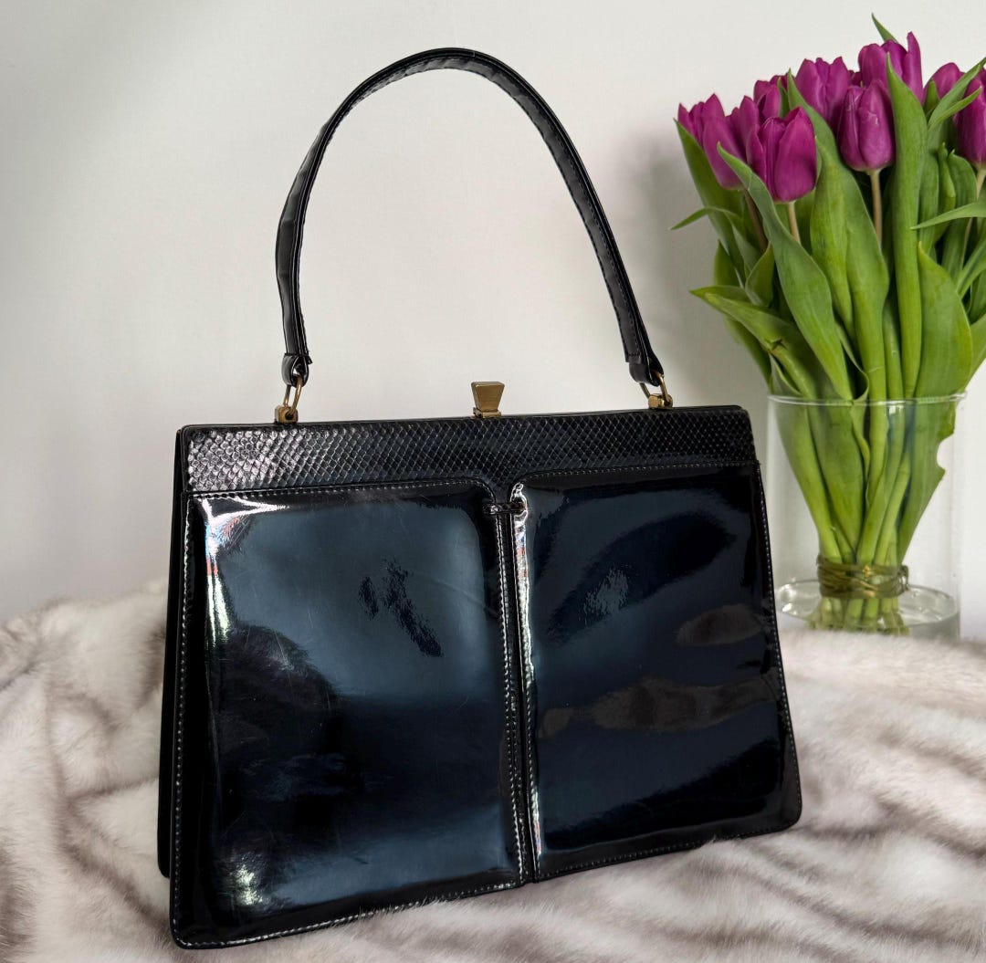 Vintage Black Patent Leather Handbag | Classic 1960s Structured Purse ...