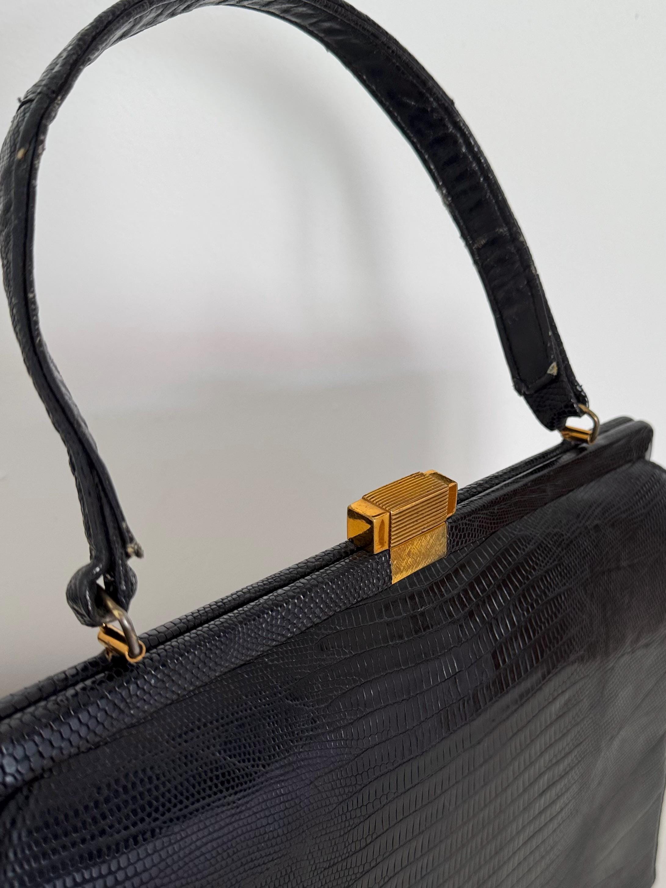 Classic 60s Vintage Black Leather Handbag Bellestone Gold Hardware ...