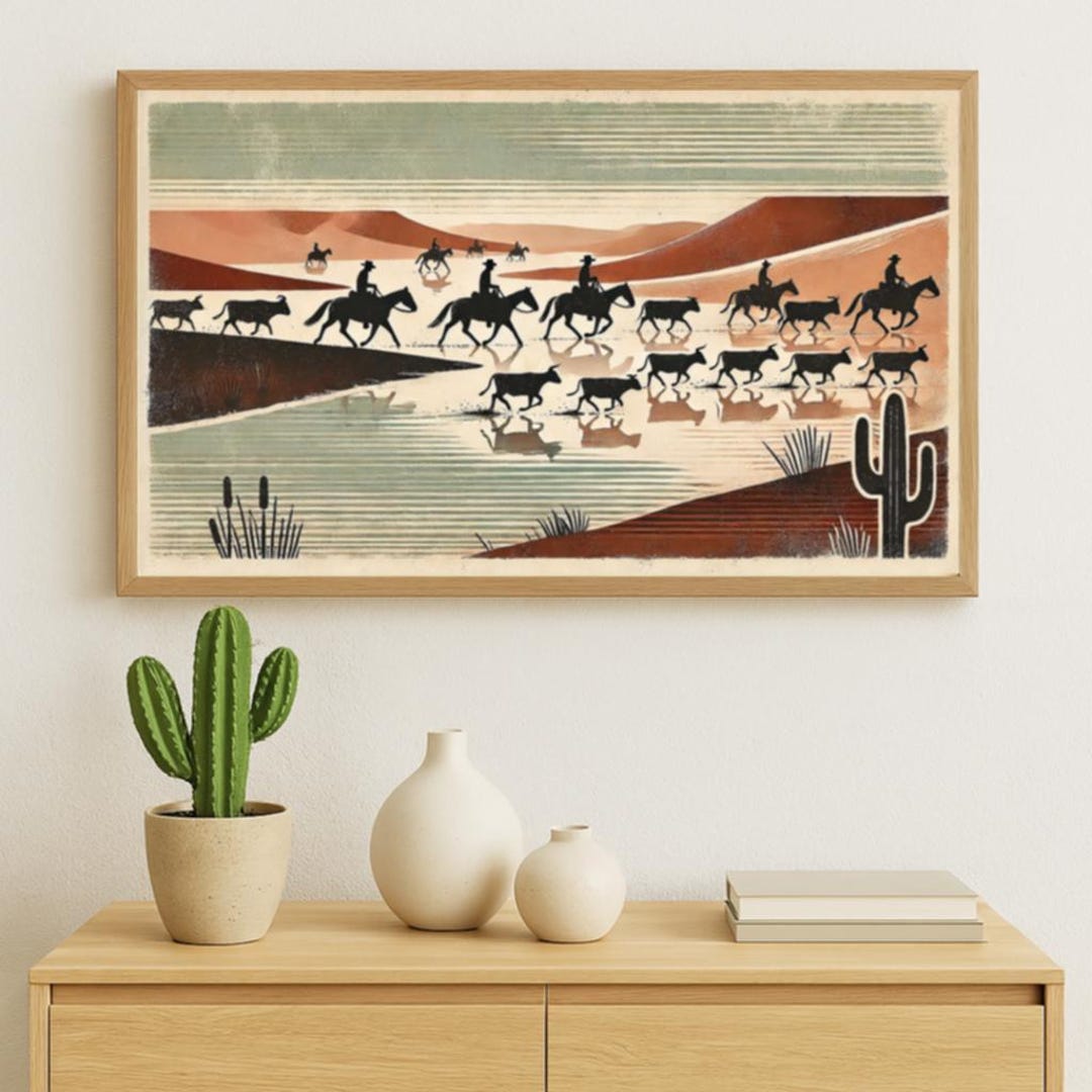 Western Cattle Drive Retro Desert Art Print – Digital Download - Etsy