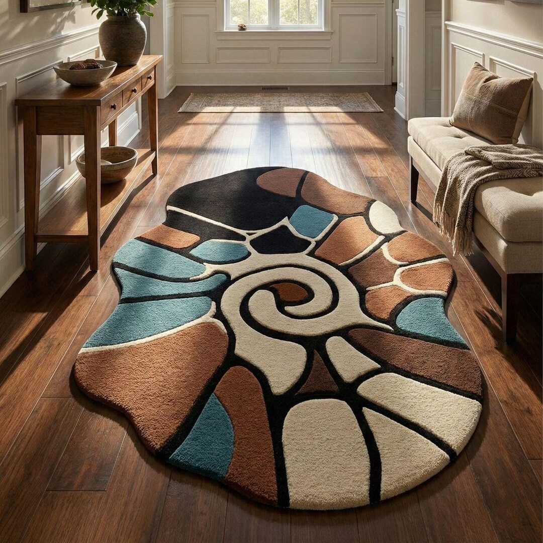 Hand-tufted Wool Area Rug, Abstract Spiral Design, Earth Tones - Etsy