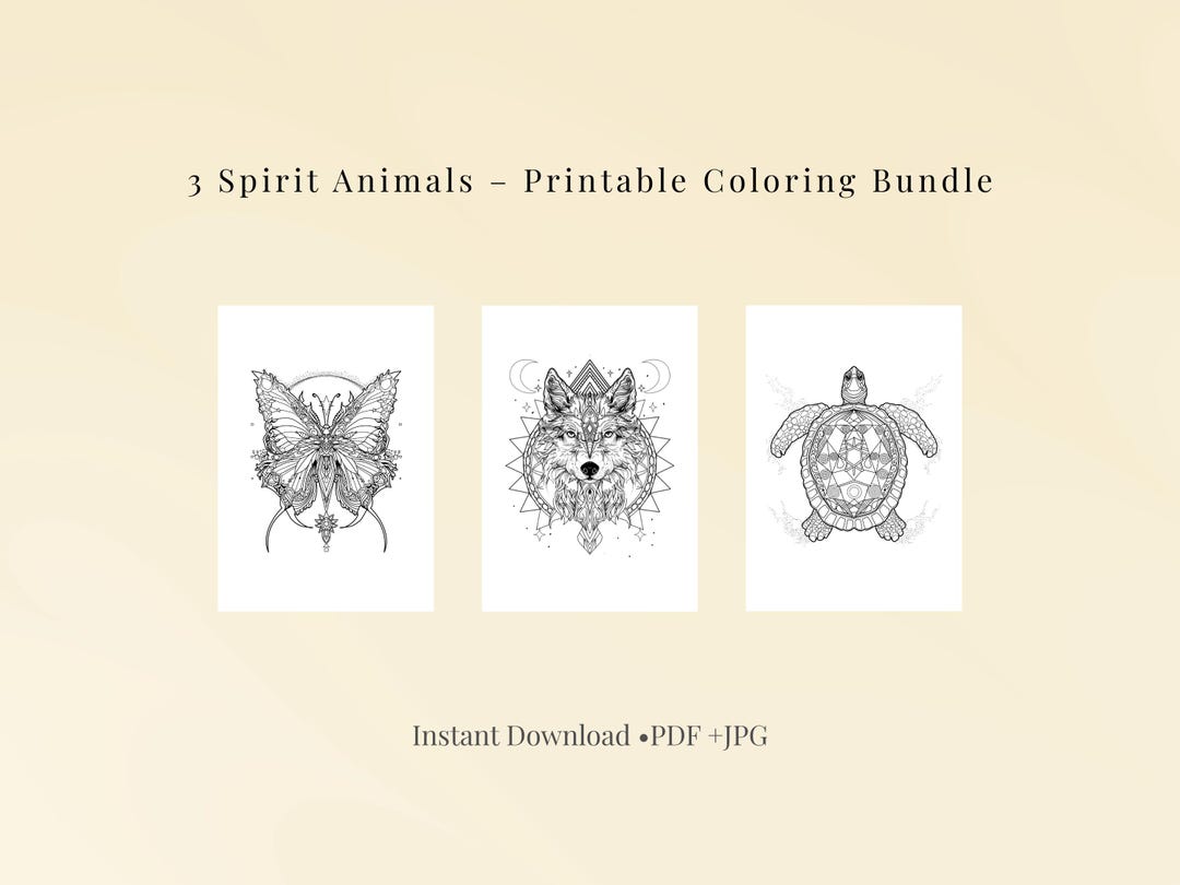 3 Spirit Animals Coloring Pages Bundle | Wolf Turtle Moth | Mindful ...