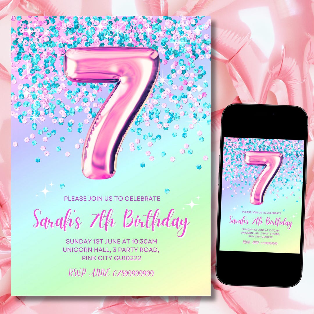 7th Birthday Invite Editable Template Pastel Rainbow Seventh Birthday ...