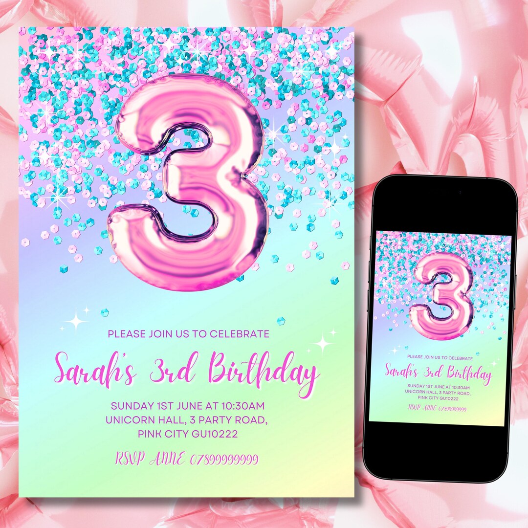 3rd Birthday Invite Editable Template, Girls Pastel Rainbow Third ...
