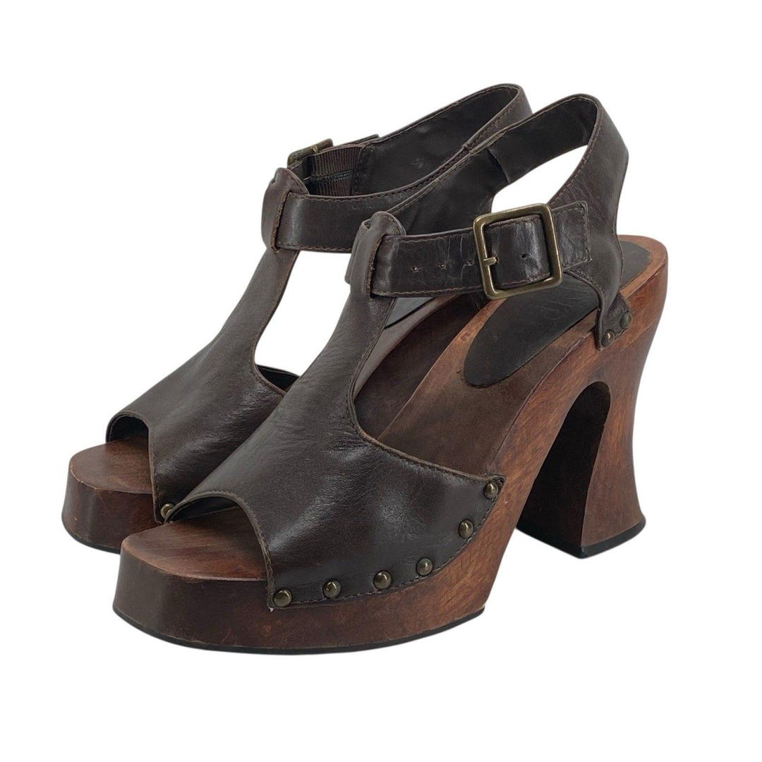1990s Y2K Wood Soled Bongo Platform Brown Sandals Womens Size 8 (HF16 ...