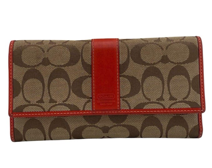 Coach Signature Jacquard Tri-fold Wallet Khaki/geranium Y2K Checkbook ...