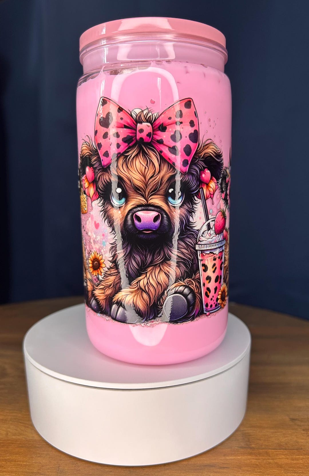 16oz Highland Cow Snow Globe Tumbler With Strawberry Milkshake Design ...