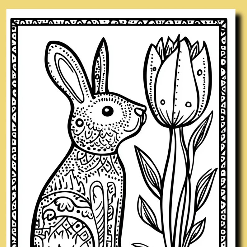 Folk Art Coloring Pages, Spring Coloring Book for Adults, Bunny ...