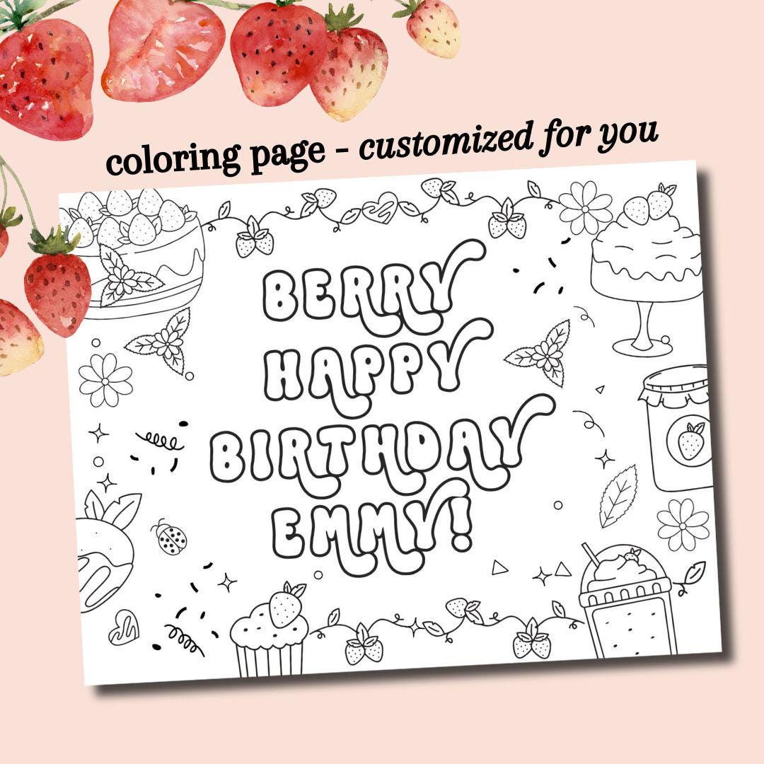 Customized Happy Birthday Coloring Page, Strawberry Birthday Party ...