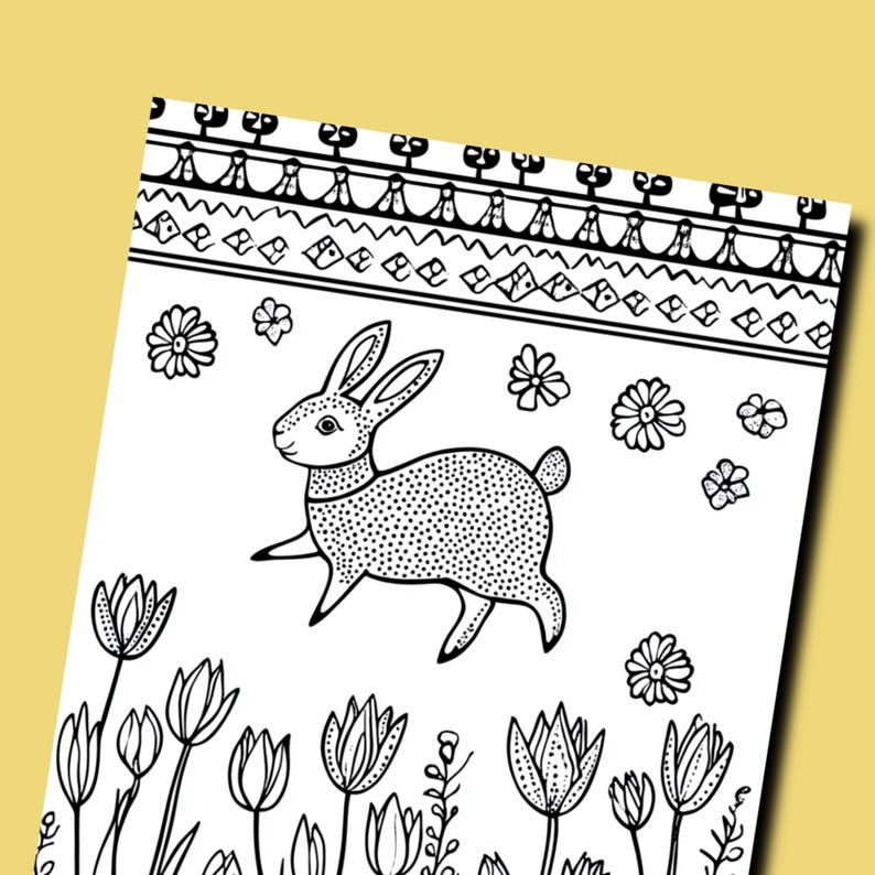 Folk Art Coloring Pages, Spring Coloring Book for Adults, Bunny ...