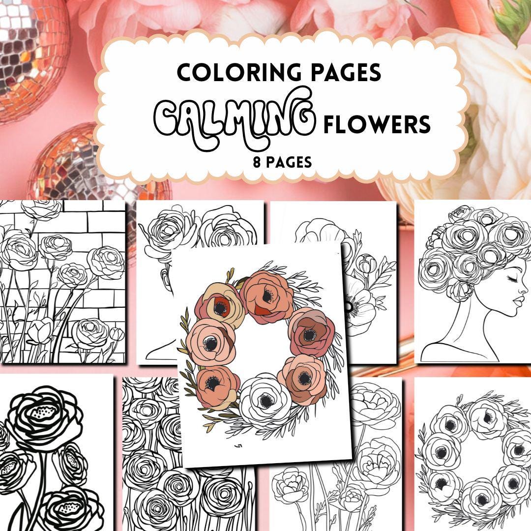 Printable Calm Flowers Coloring Page for Adults, Feminine Flowers Adult ...