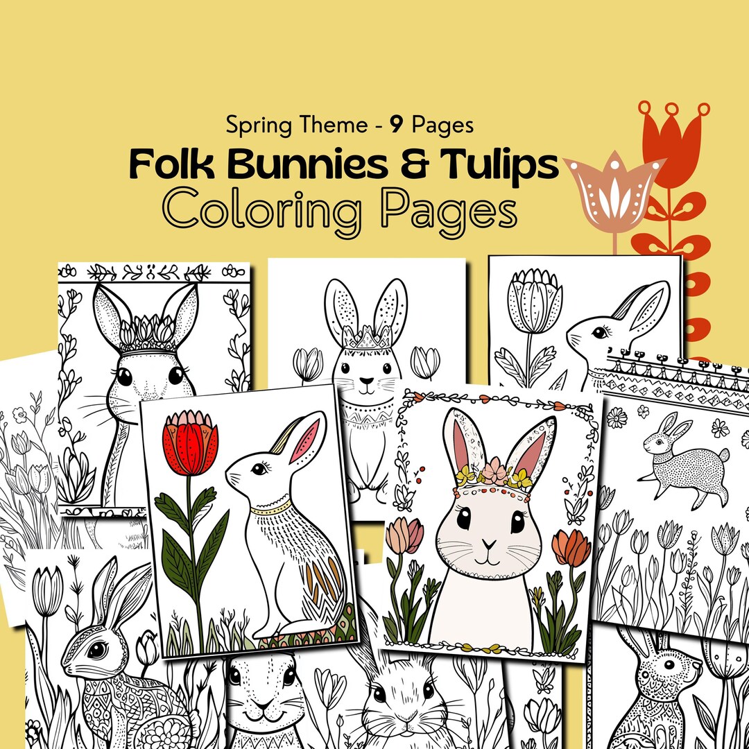 Folk Art Coloring Pages, Spring Coloring Book for Adults, Bunny ...