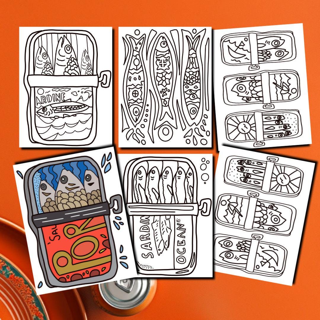 Printable Sardine Fish Coloring Page, Canned Sardine Fish Coloring Book ...