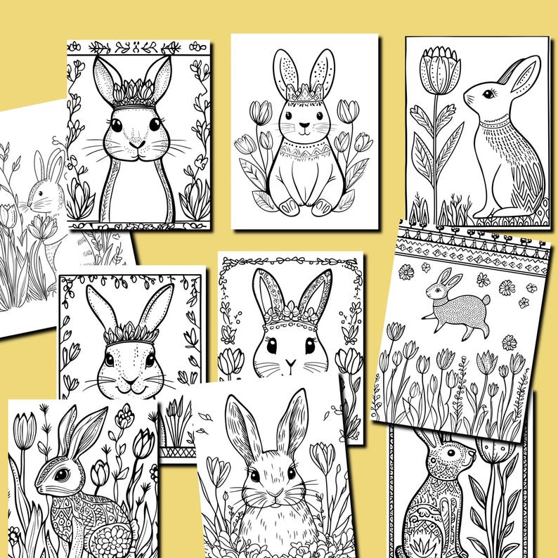Folk Art Coloring Pages, Spring Coloring Book for Adults, Bunny ...