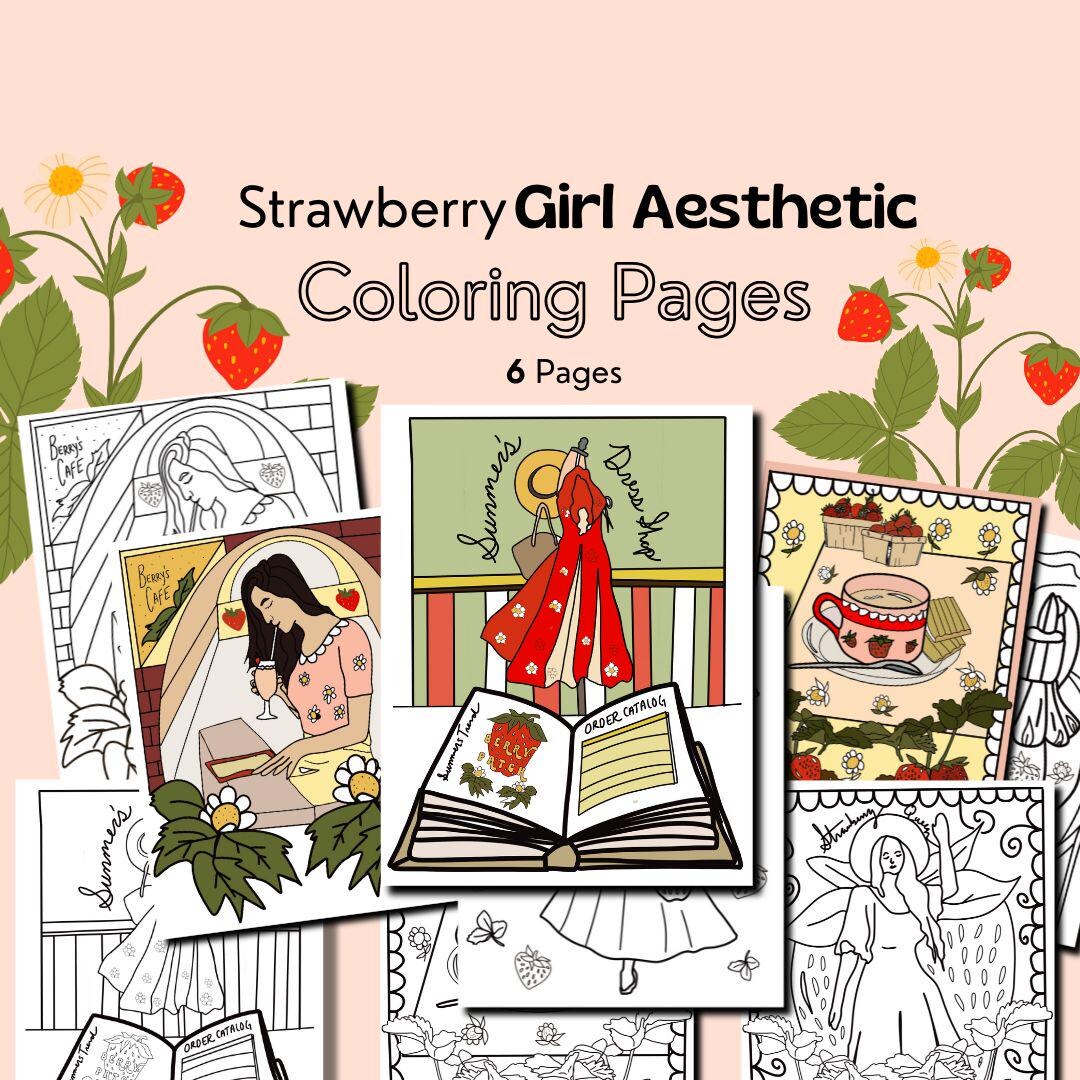 Strawberry Girl Aesthetic Coloring Pages, Cute Girl Coloring Sheet for ...