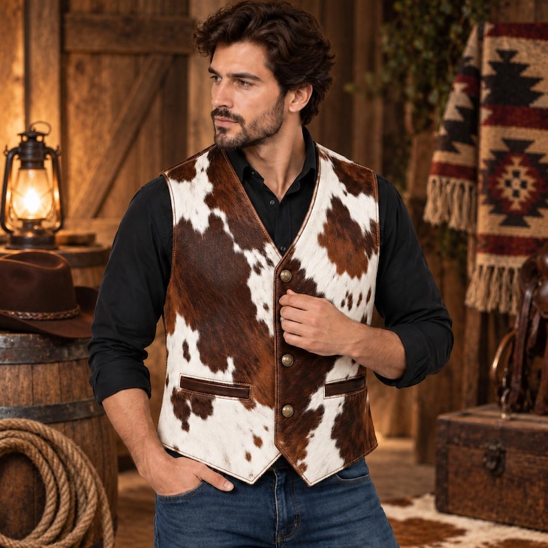 Men's Cowhide Leather Vest, Hair on Hide Western Waistcoat, Brown White ...