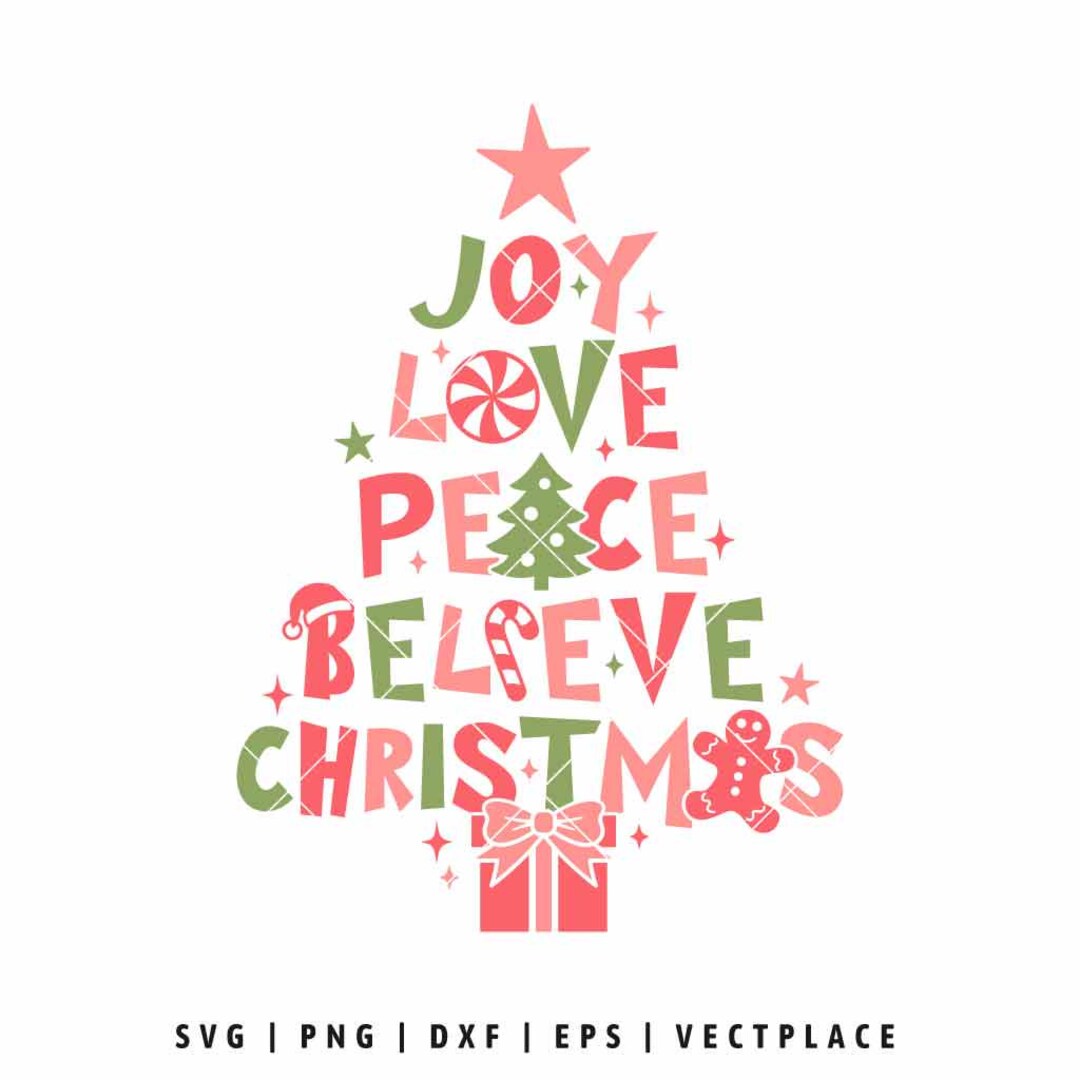 Joy Love Peace Believe Christmas Tree SVG | Retro Christmas Cut File ...