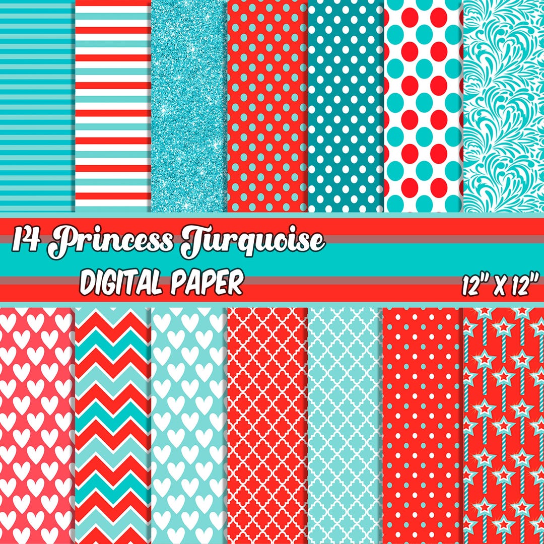 Princess Turquoise Digital Paper, Princess Papers, Blue and Red Digital ...