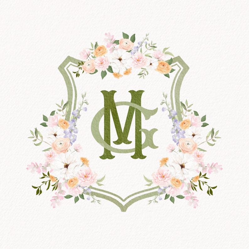Monogram Watercolor Wedding Crest, Personalized Monogram Crest, Digital ...
