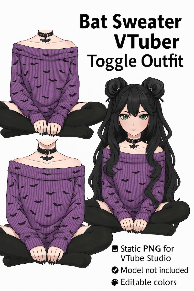 Bat Sweater Vtuber Outfit | Gothic Loungewear Toggle (PNG) - Etsy