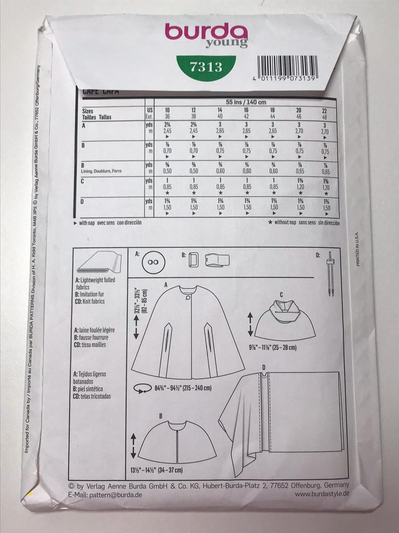 Burda Young 7313 UNCUT Sewing Pattern Cape Very Easy Size 10-22 - Etsy
