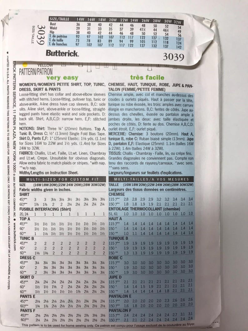 Butterick 3039 Sewing Pattern: Women's Wardrobe - Sizes 16W-20W - Etsy