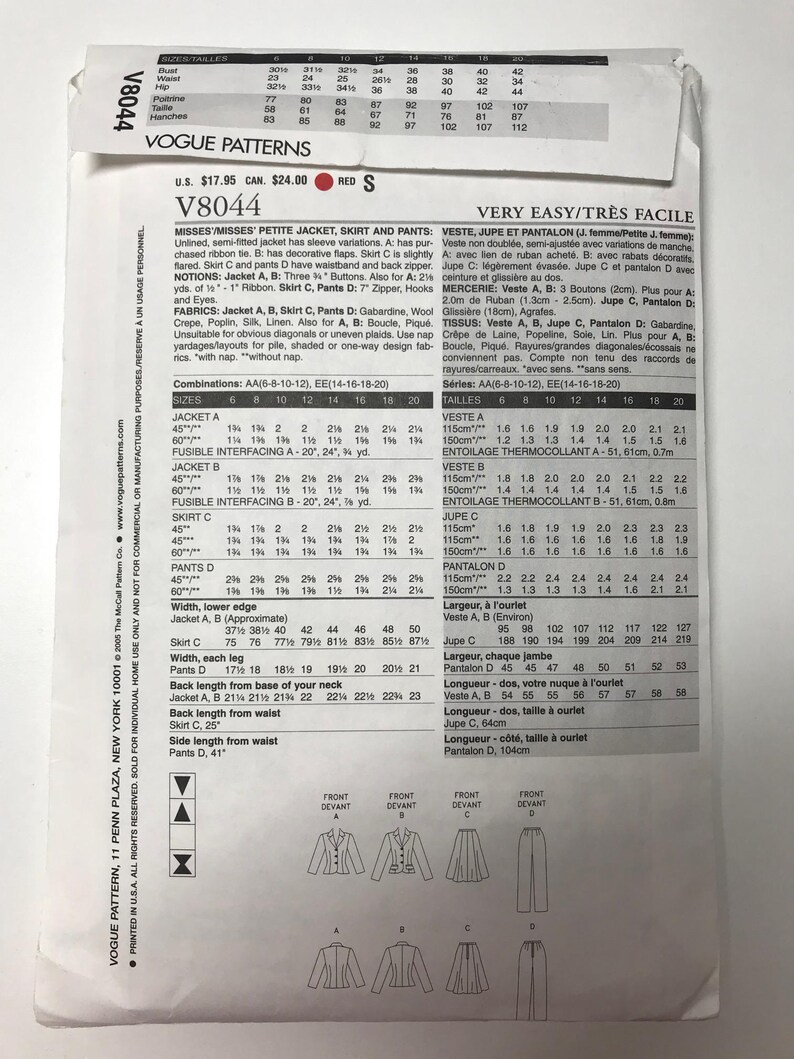 Vogue Sewing Pattern V8044: Jacket, Skirt & Pants (sizes 14-20) - Etsy