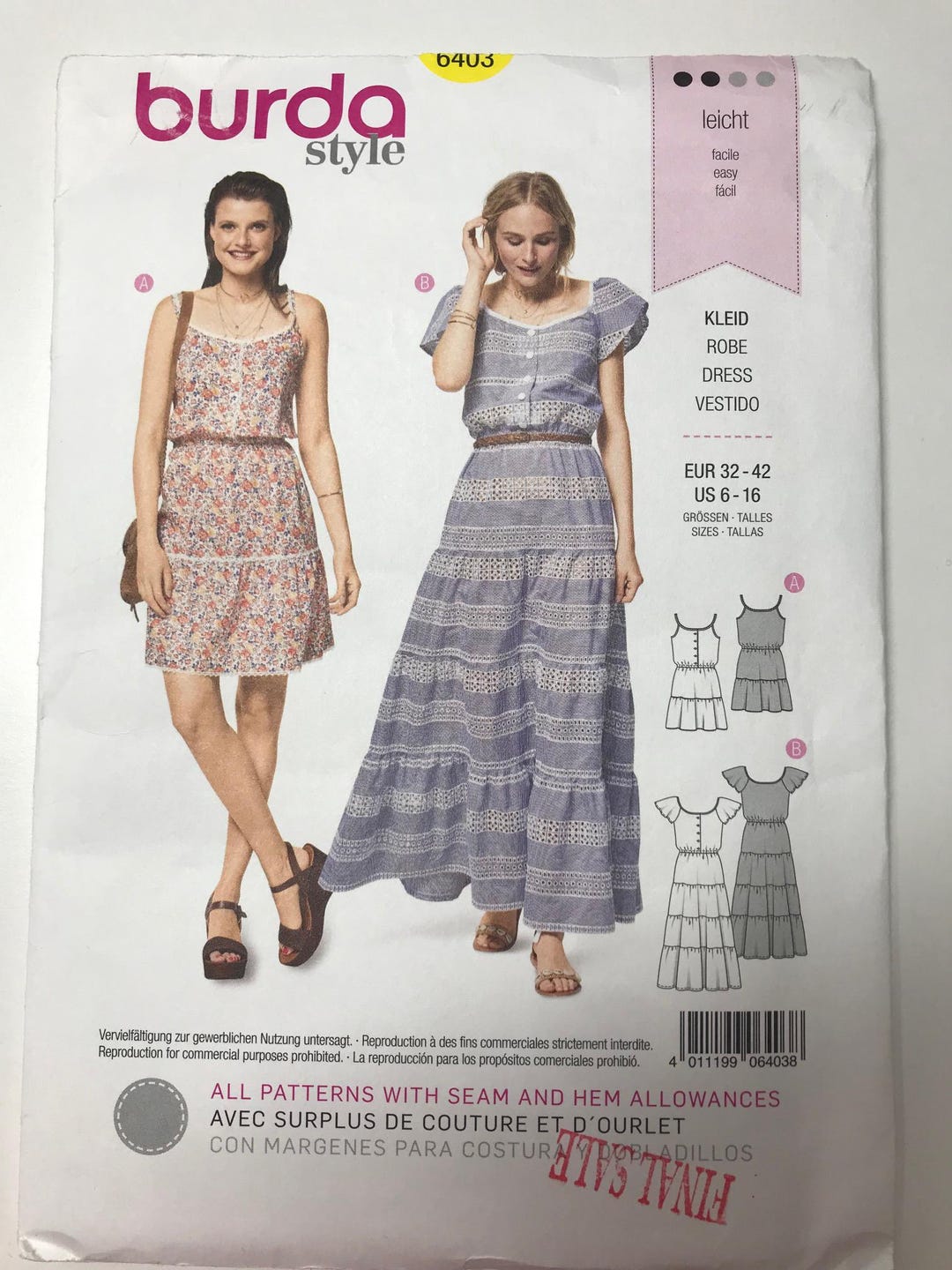 Burda Style Easy 6403 Uncut Sewing Pattern Dress EUR 32-42 US 6-16 Year ...
