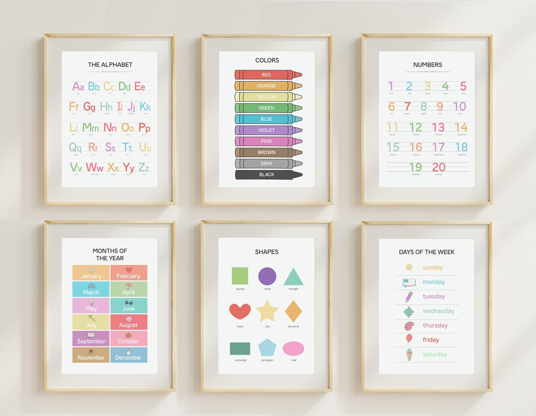 Set of 6 Printable Educational Wall Art | Pastel Alphabet, Numbers ...