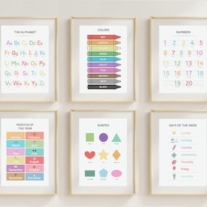 Set of 6 Printable Educational Wall Art | Pastel Alphabet, Numbers ...