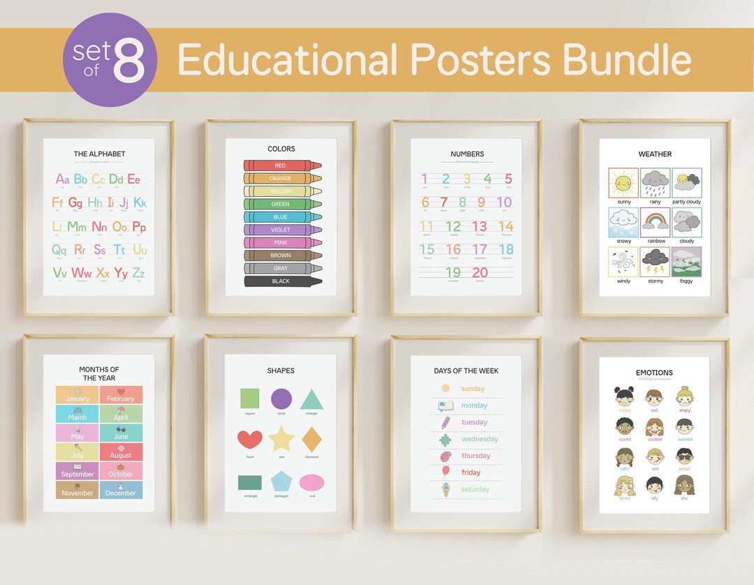Educational Posters Bundle of 8 | Alphabet, Numbers, Colors, Shapes ...