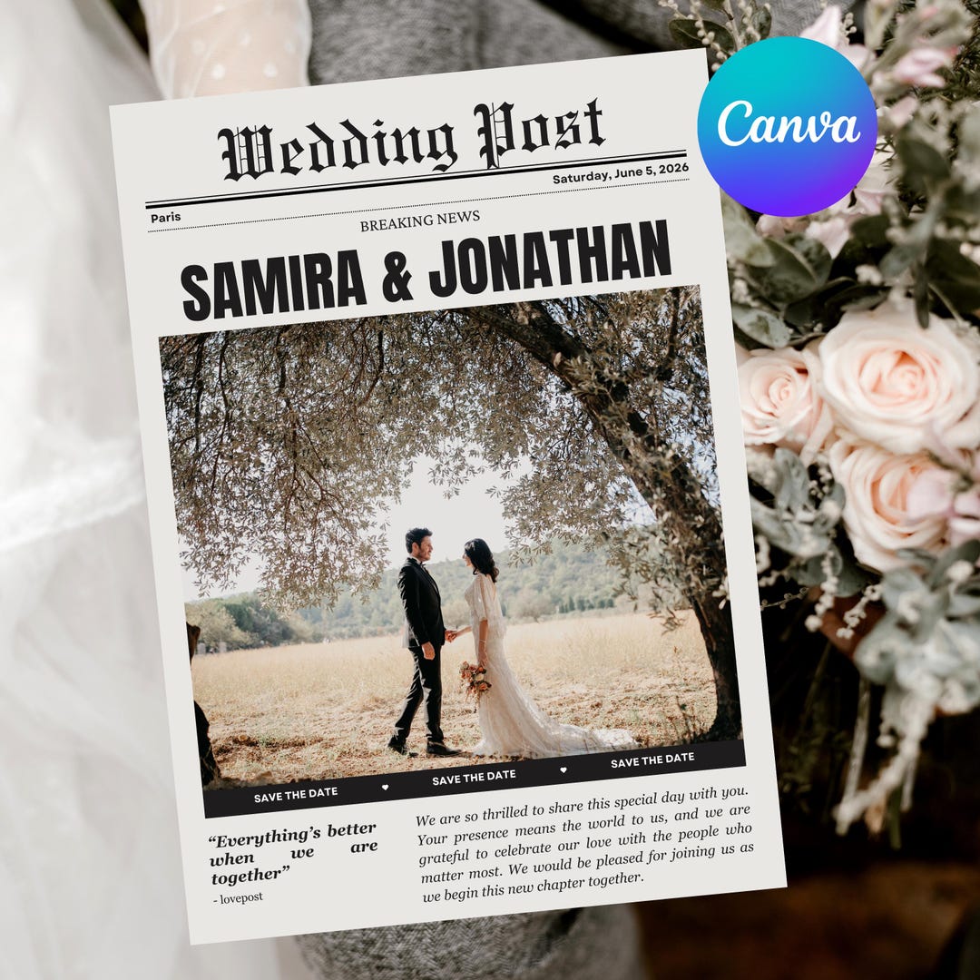 Newspaper Save the Date Card | Digital Canva Template, Instant Download ...